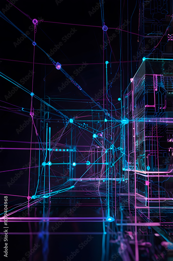 AI, complex computer network of interconnected nodes with data lines ...