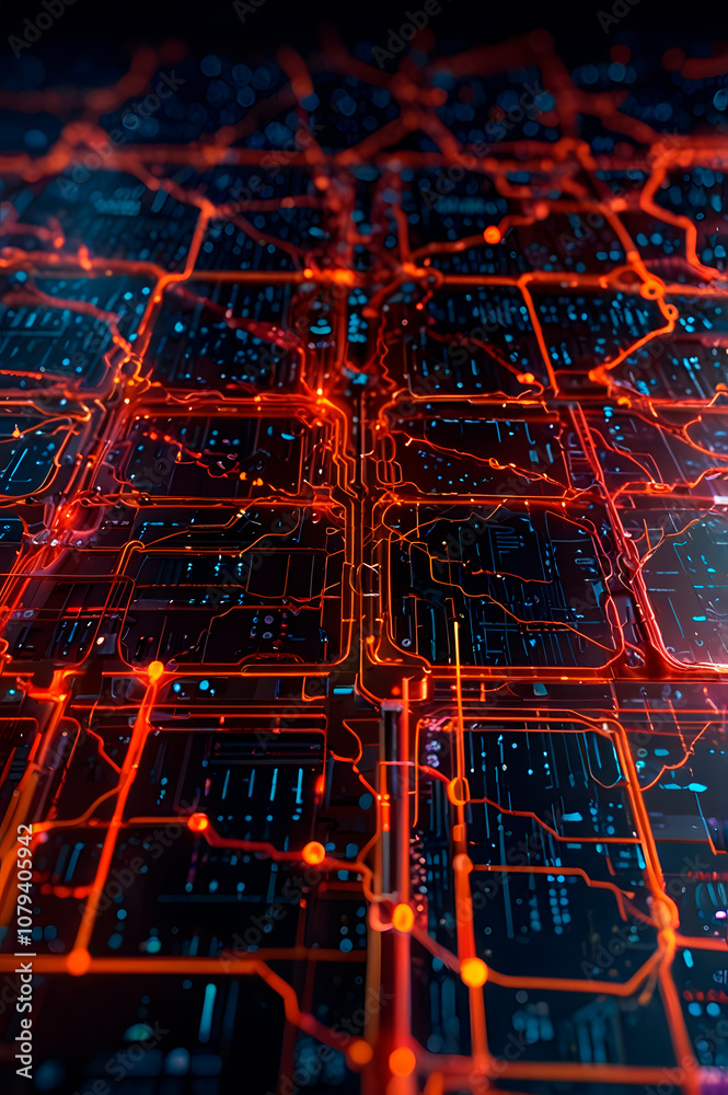 AI, complex computer network of interconnected nodes with data lines ...
