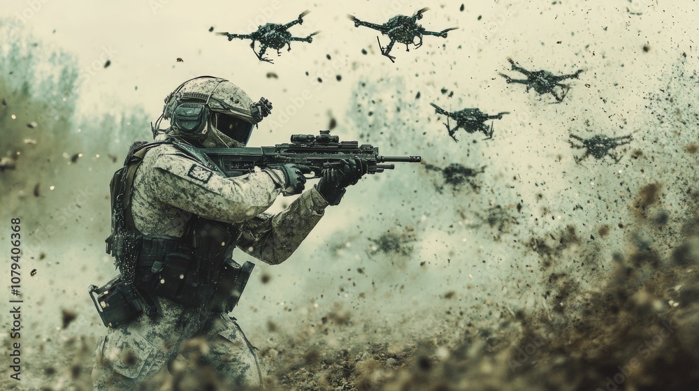 A soldier aiming a weapon amidst flying drones, earth exploding around ...
