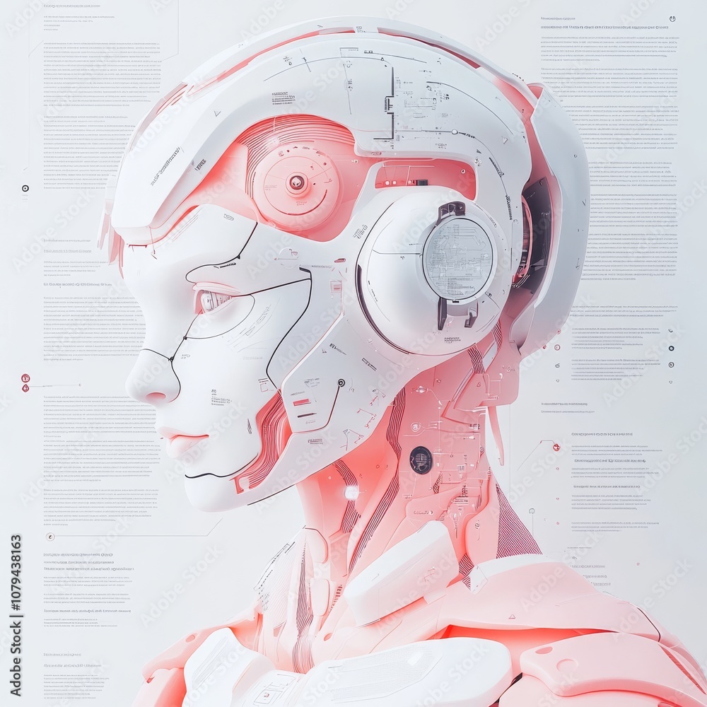 futuristic robot face, cyber human technical passport, instruction ...