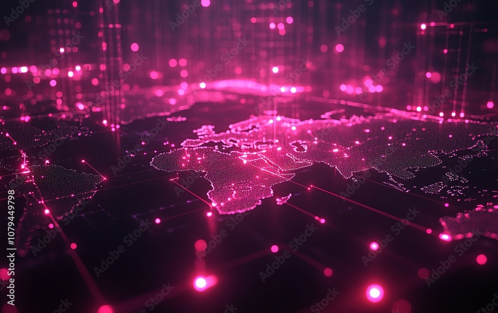 3D rendering of node system software, pink node buttons on dark tech ...