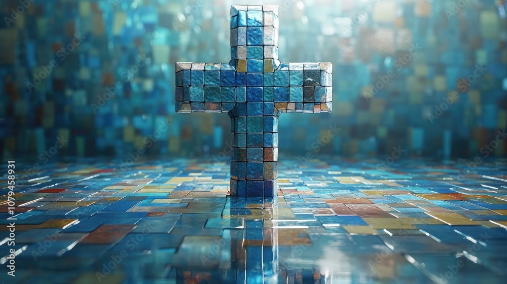 A striking Christian cross crafted from vibrant mosaic tiles ...
