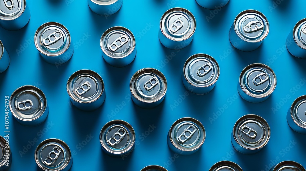 Top view of cans on blue background with copy space, food donation ...