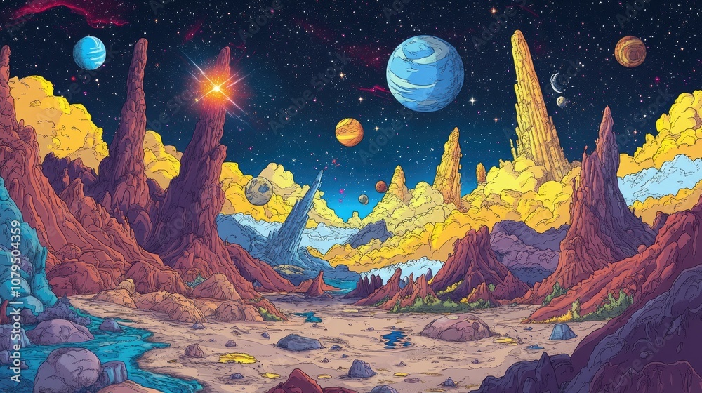 2D illustration in a cartoon draw style featuring a vast and deep space ...