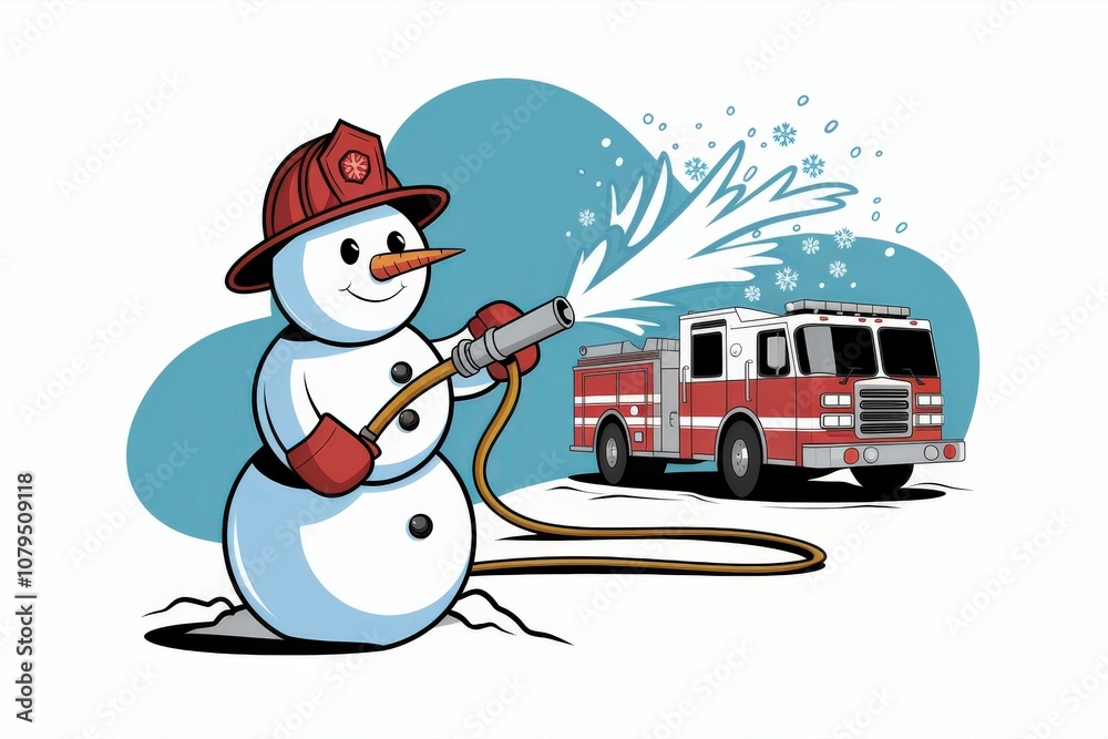 Whimsical Cartoon Snowman Firefighter Colorful Fire Truck Festive ...