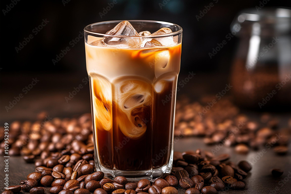 Iced Americano coffee with milk in crystal glass on roasted coffee ...