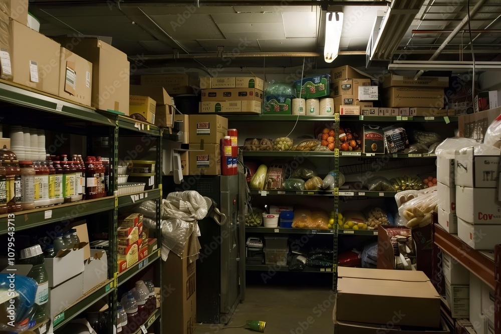 Grocery store storage room with shelves filled with boxes, fresh fruits ...