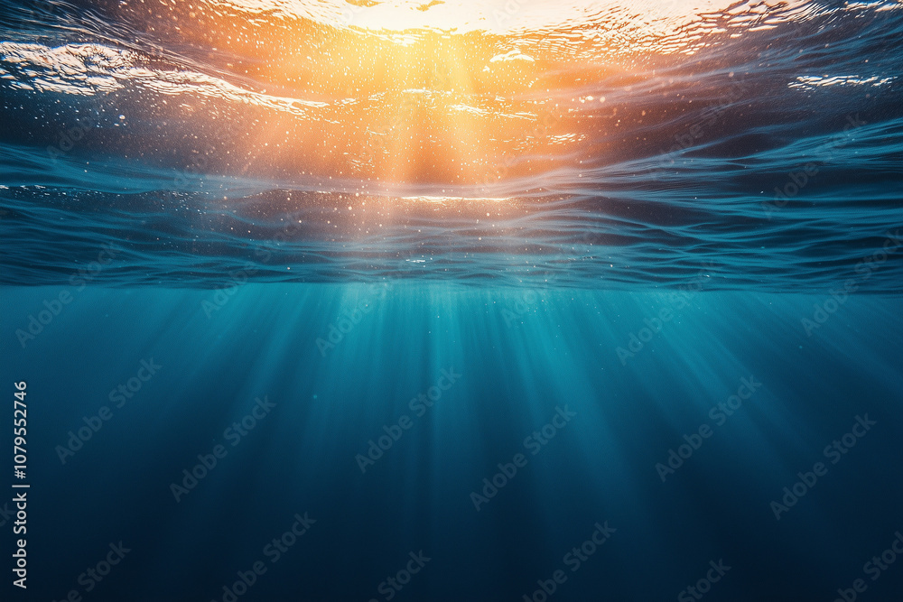 Underwater view of the sea with light shining through the water, Sun ...