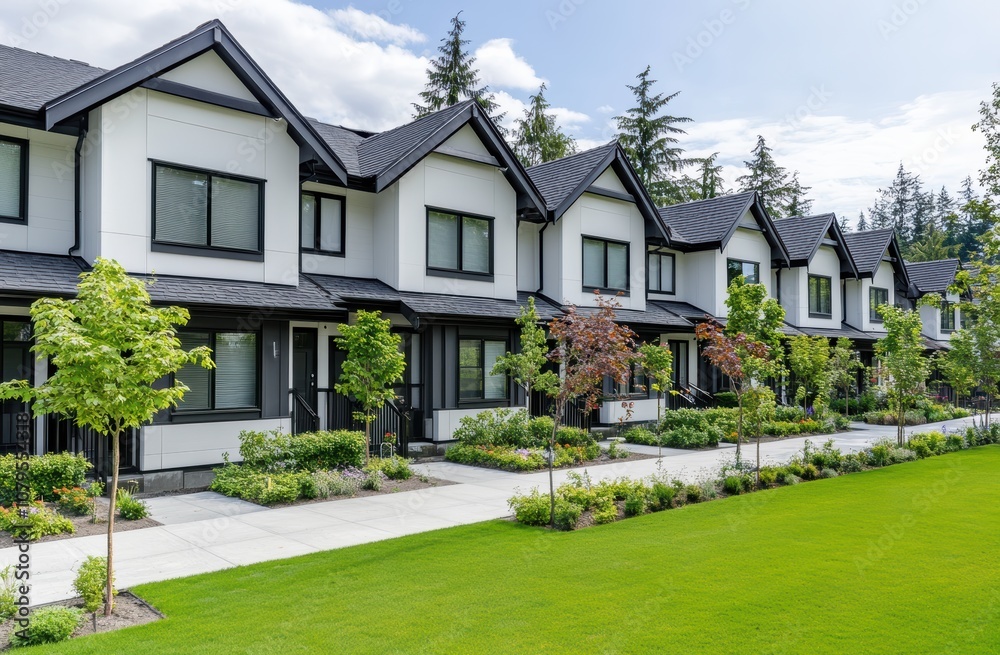 A modern residential area with stylish homes, clean streets, and green ...