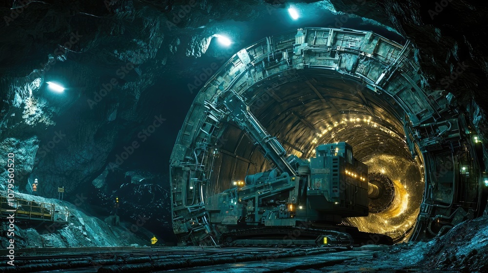 Tunnel boring machine operating in a dark underground tunnel. Stock ...