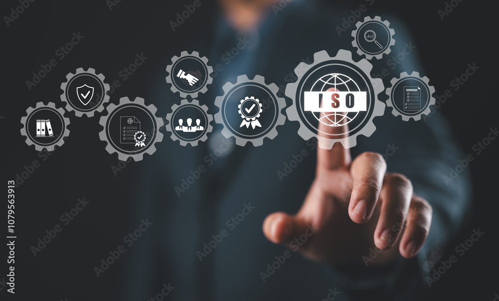 ISO Certification Concept. Businessman touch representation of ISO ...