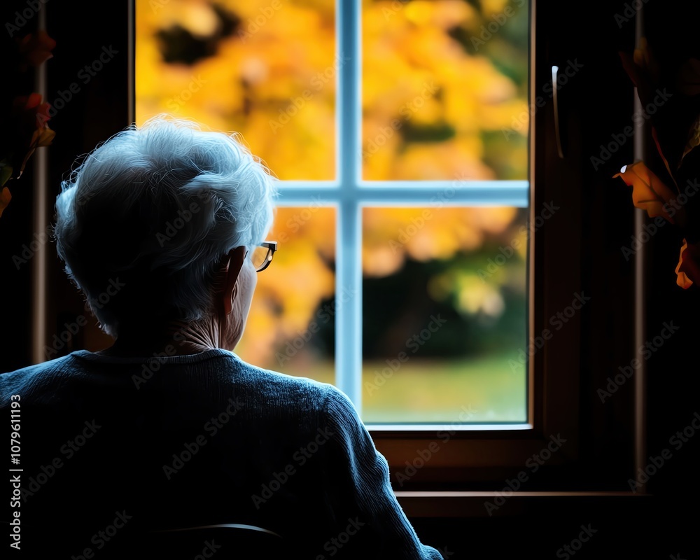 Elderly person looking out a window with gentle reflections of past ...