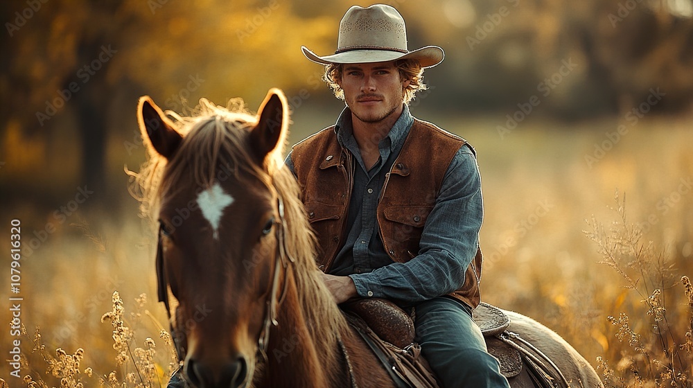 Cowboy Riding Horse in Golden Hour Landscape - Western Lifestyle ...