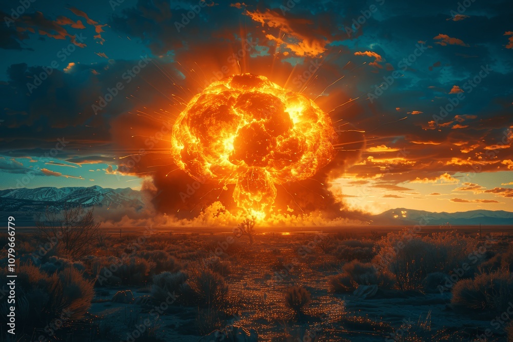 Foto de Nuclear Explosion in Desert at Night with Mushroom Cloud ...