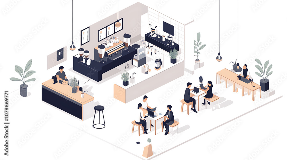 An isometric design of a bustling coffee shop workspace. Each detail ...