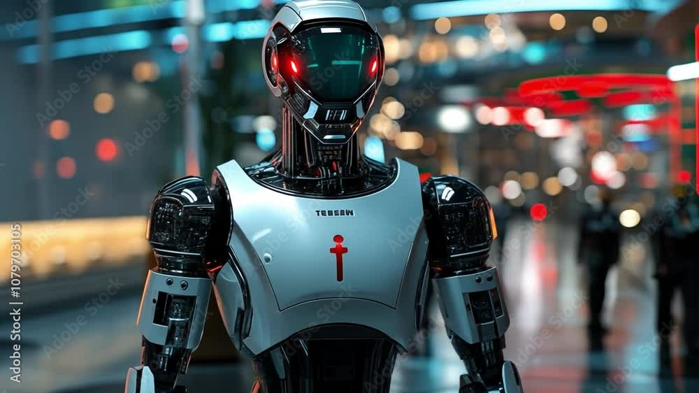 Cybernetic Sentinel: A futuristic android stands tall amidst a vibrant ...