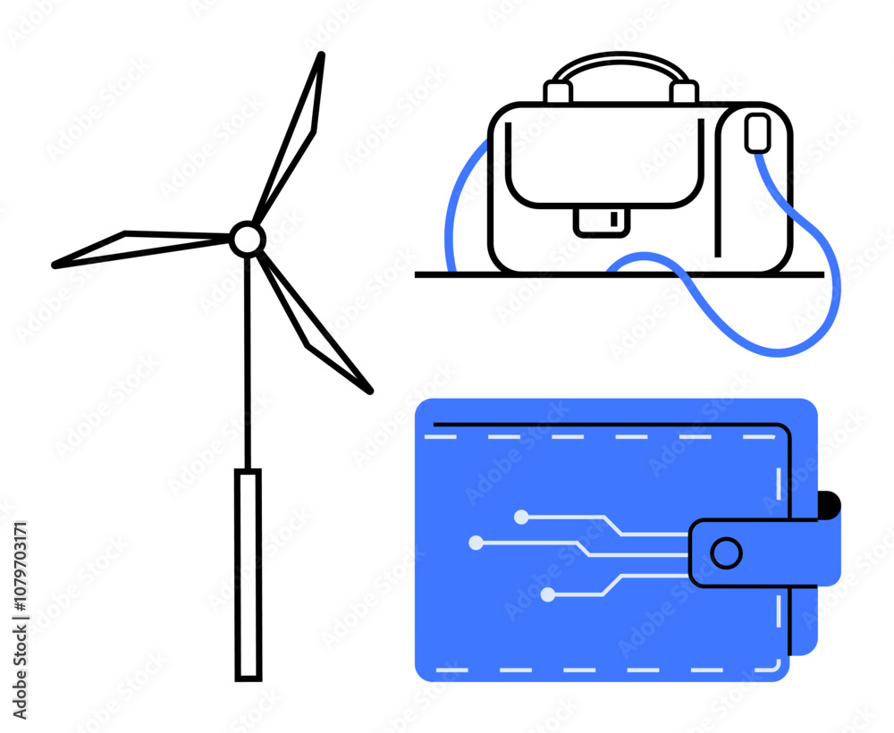 Wind turbine representing renewable energy, connected briefcase ...