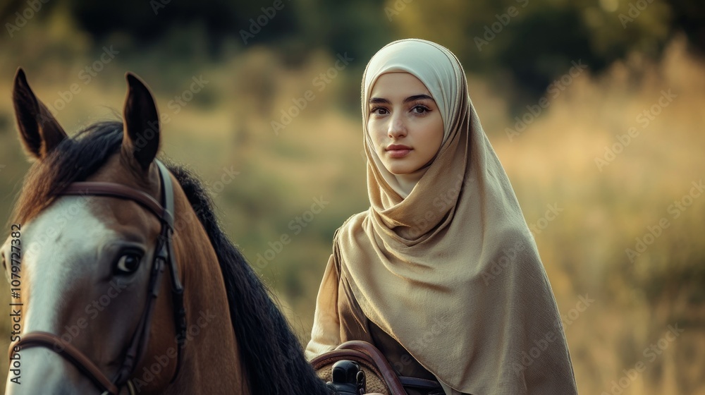 Muslim woman in hijab is riding a horse beautiful moment background ...