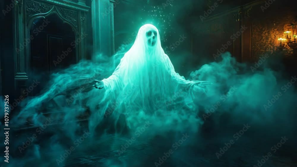 Eerie ghost floating out of deep shadows, semi-transparent with a soft ...