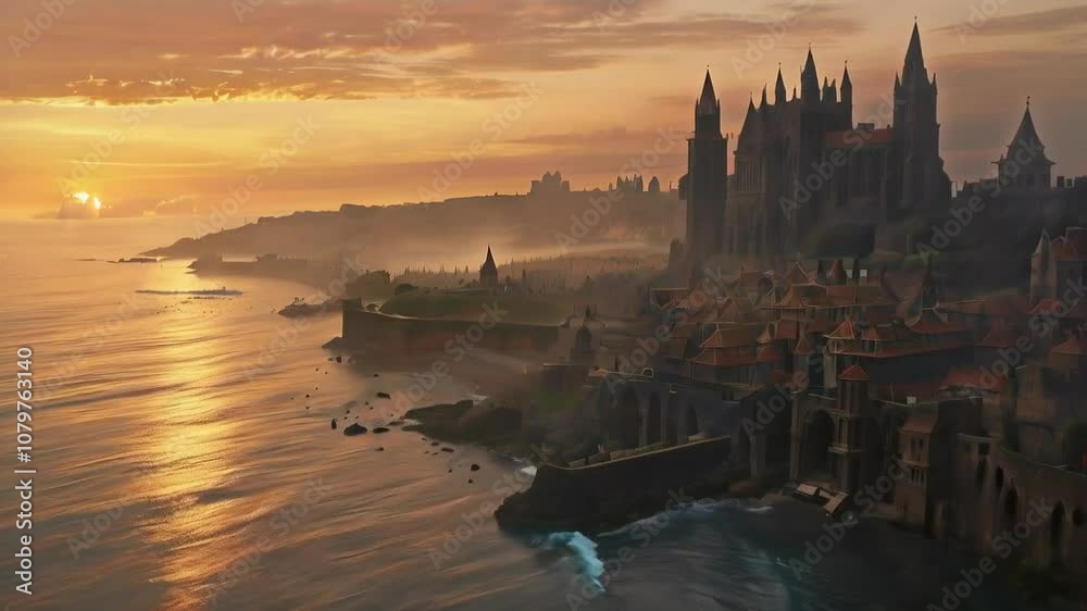 A medieval coastal city at dawn, with the ocean stretching endlessly ...