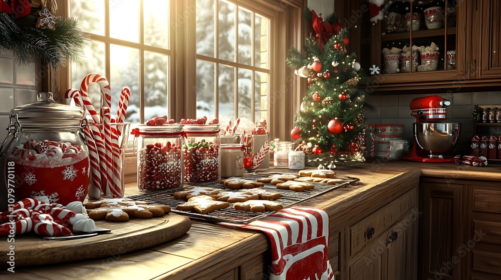 Cozy Christmas kitchen scene, gingerbread cookies cooling on a rack ...
