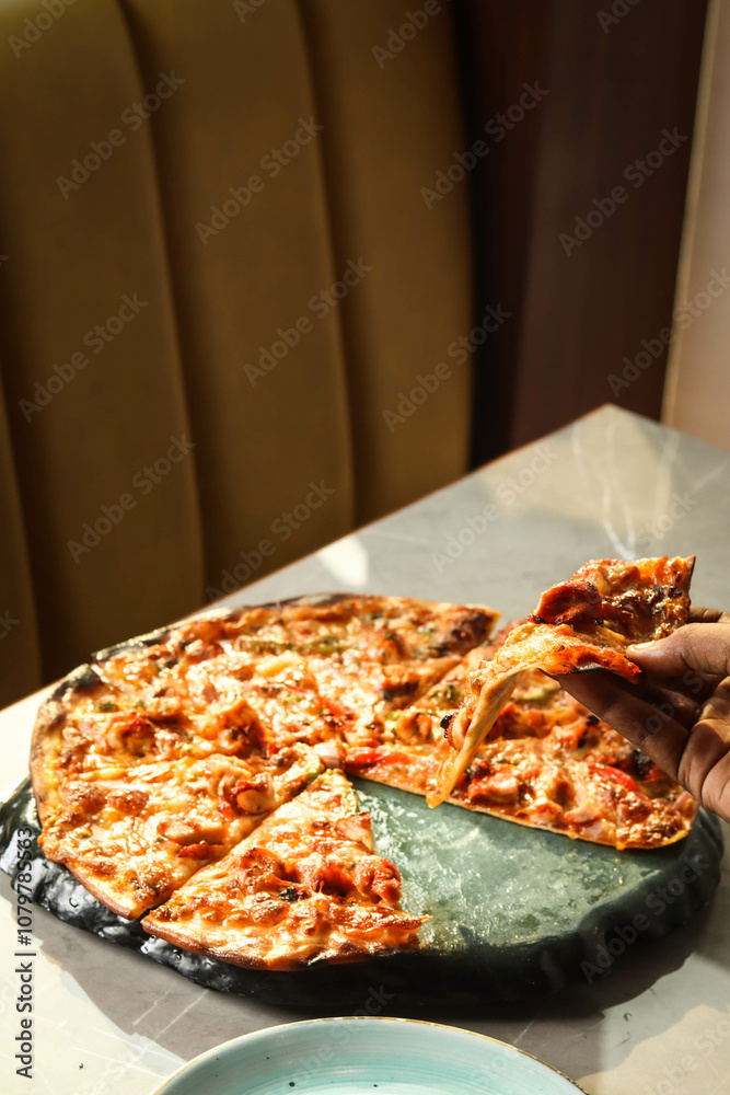 Zoom frame Italian pizza close-up, rotation. Pepperoni pizza with ...