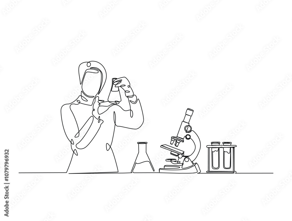 Continuous one line drawing of scientist holds flashk in labs with ...