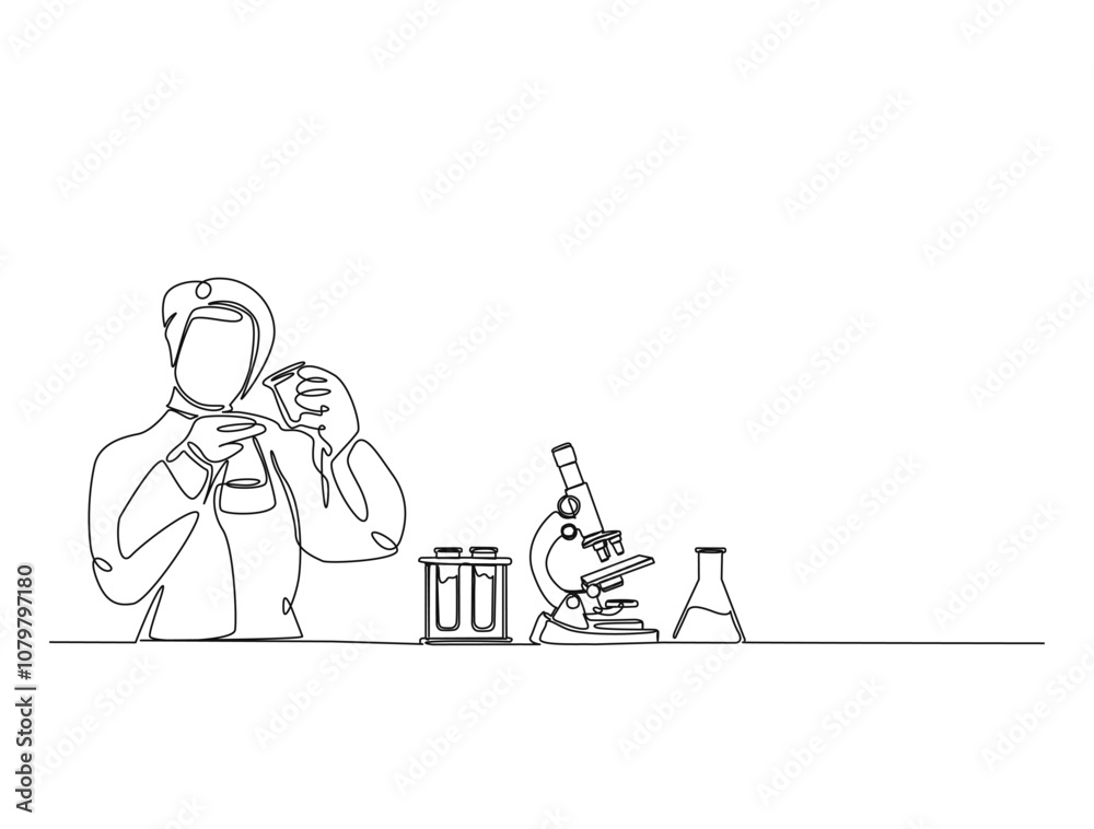 Continuous one line drawing of scientist holds flashk in labs with ...