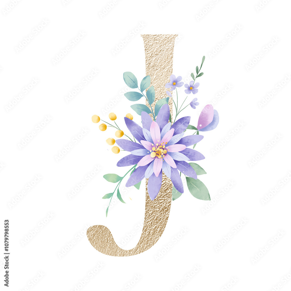 Letter J, gold floral monogram with watercolor flowers and leaf. Golden ...