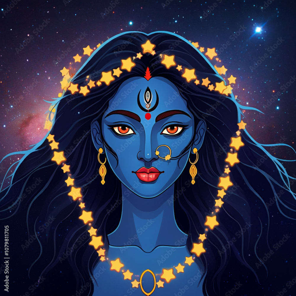 A captivating portrayal of Goddess Kali with an intense gaze, adorned ...