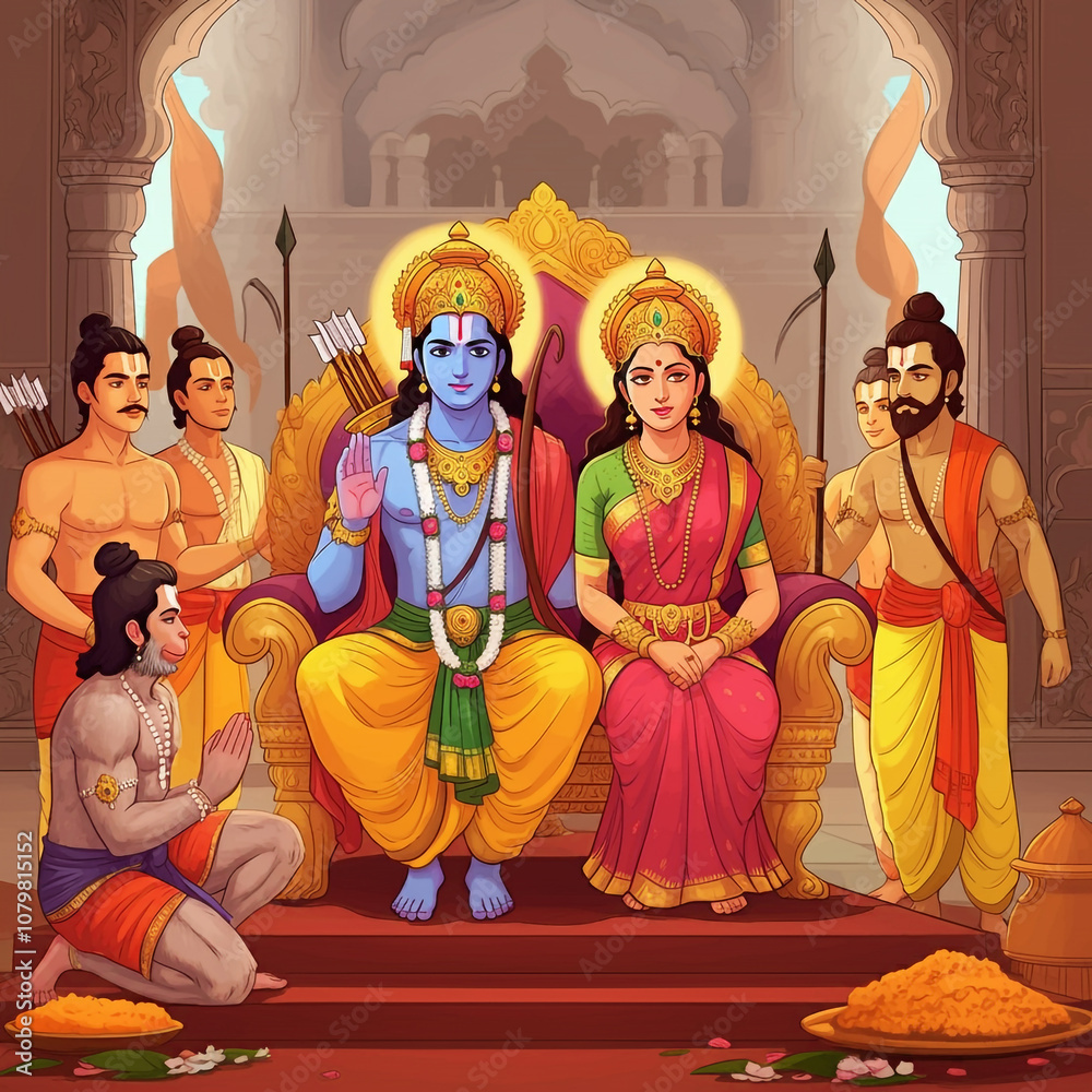 Lord Rama and Goddess Sita seated on a royal throne with Hanuman and ...