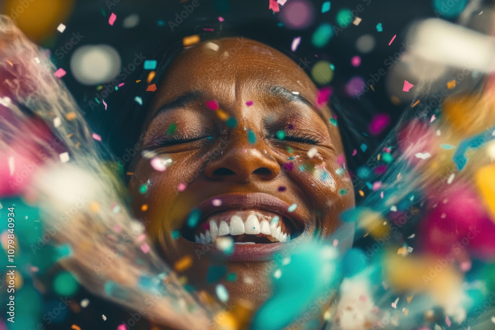 joyful person smiling with confetti surrounding their face, celebrating ...