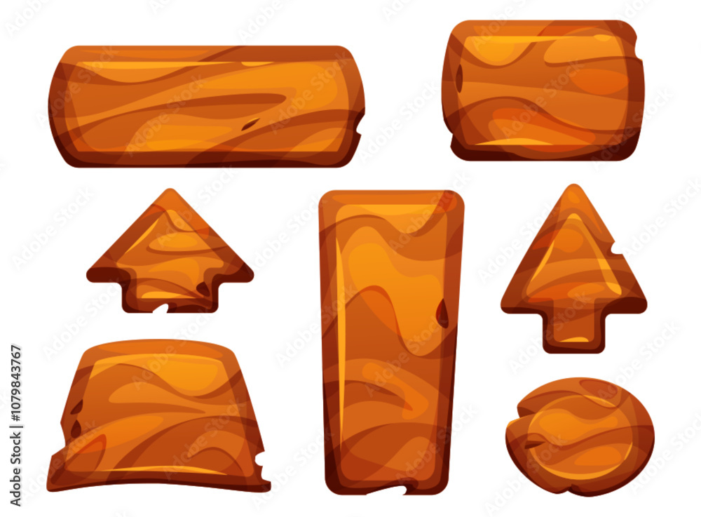 Wooden game interface elements with natural grain texture. Set of ...