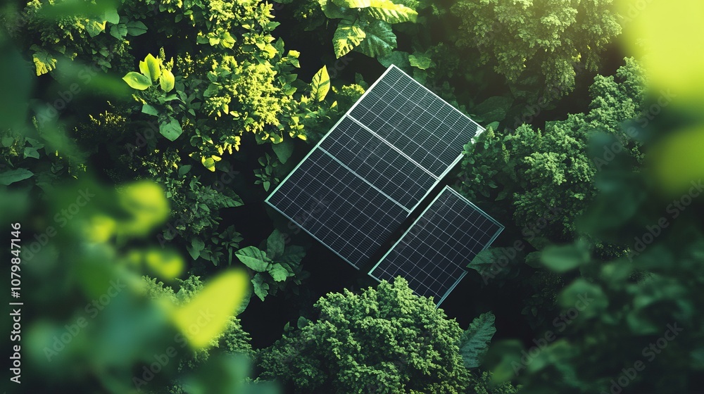 Solar panels set up in a lush green forest, embodying a clean ...