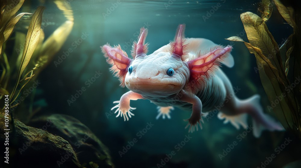 Foto de An axolotl swimming gracefully in its aquatic habitat, with ...