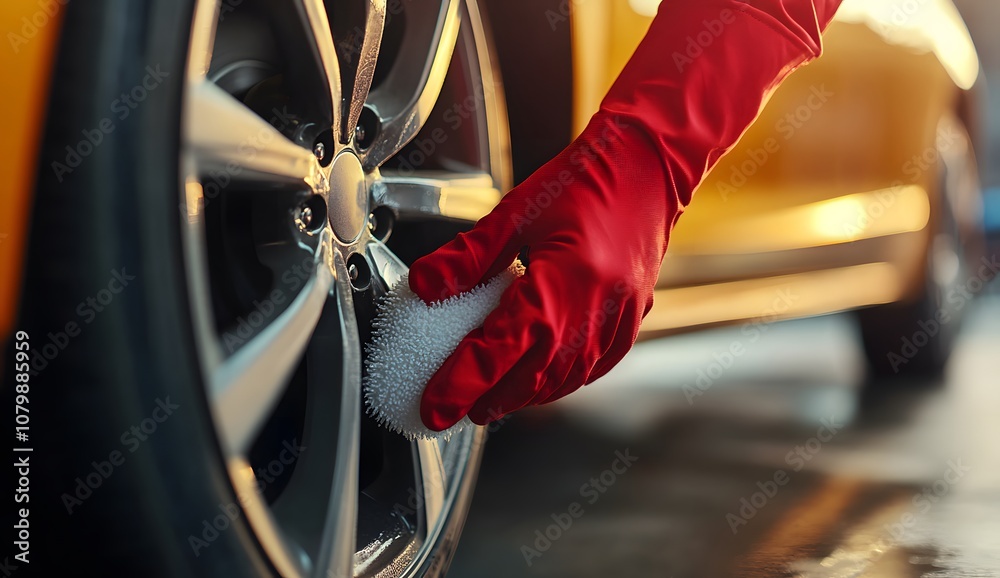 Car wheel and tire cleaning. A hand with red gloves is cleaning car ...