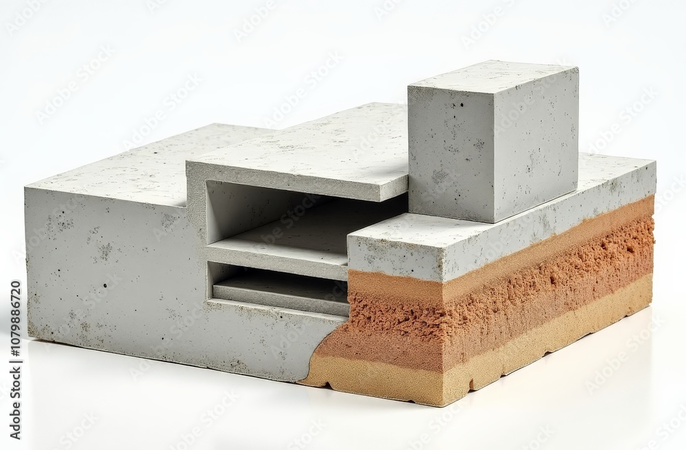 Minimalist concrete architectural model showing layered cross-section ...