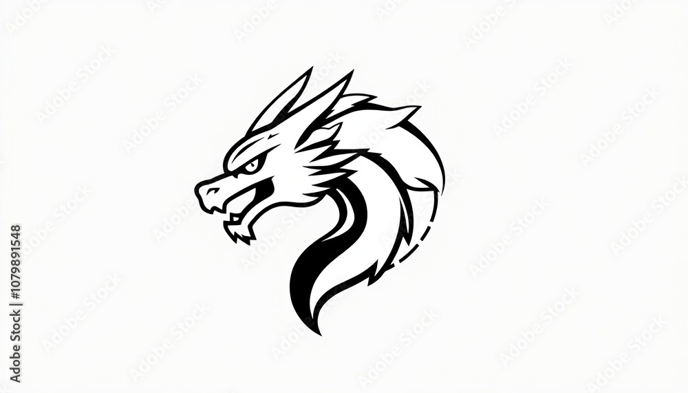 dragon head in profile view, rendered in a simple black and white ...