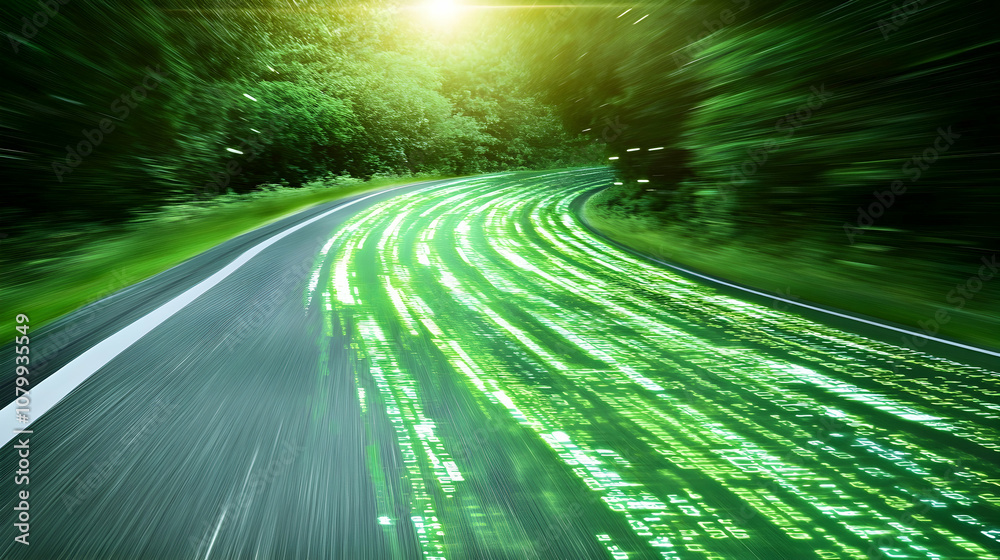 Fast Digital Data Flow A High Speed Data Transfer Visual With Codes Flowing On A Digital Road