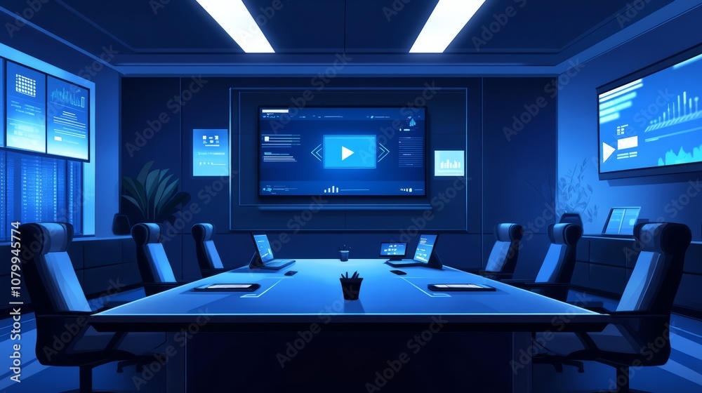 A depiction of a tech conference room equipped with smart technology ...