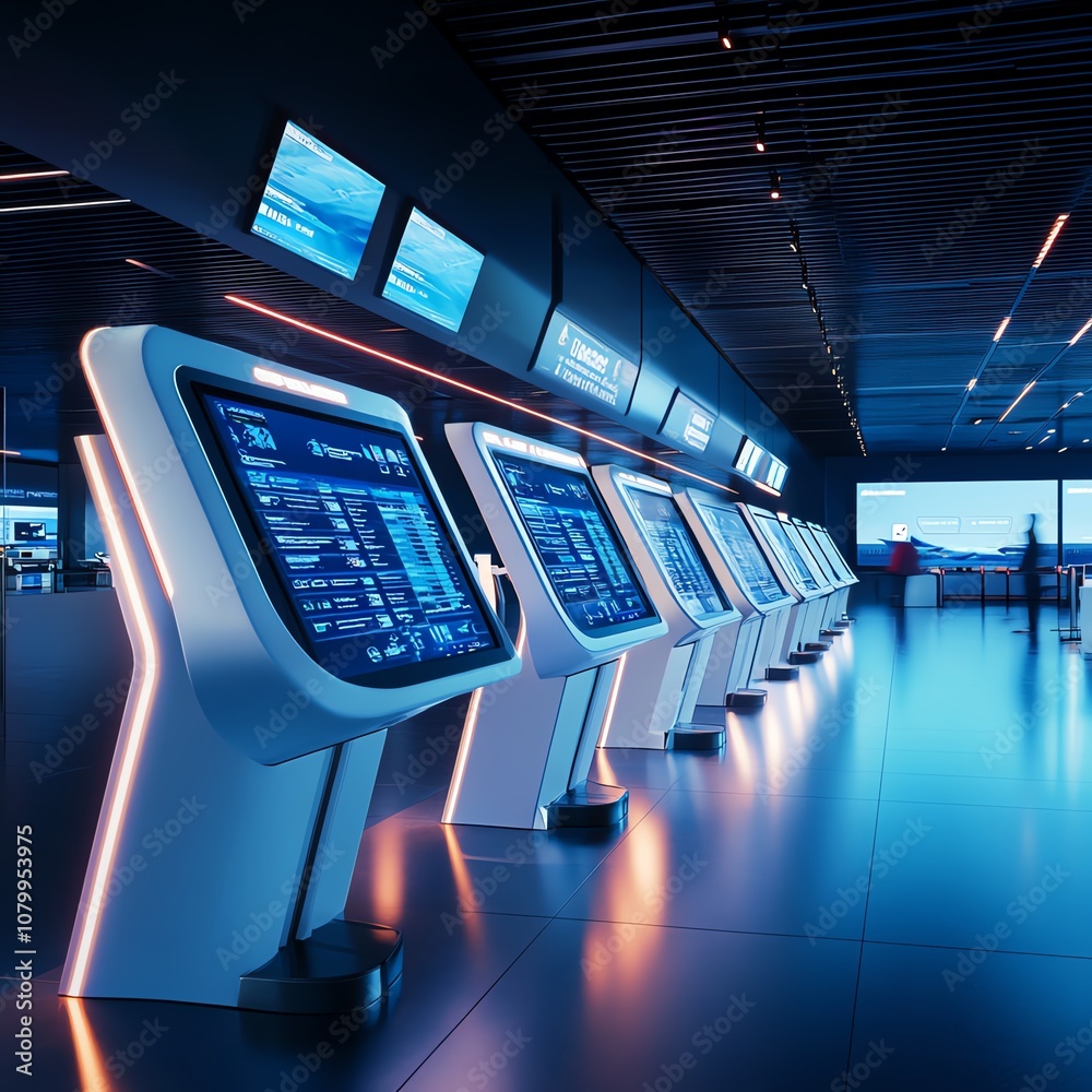 Airline checkin counter with selfservice kiosks and futuristic screens ...
