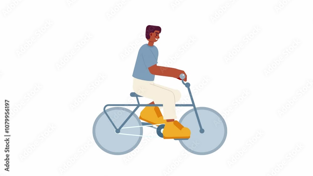 Smiling black male riding sports bicycle 2D character animation. Active ...