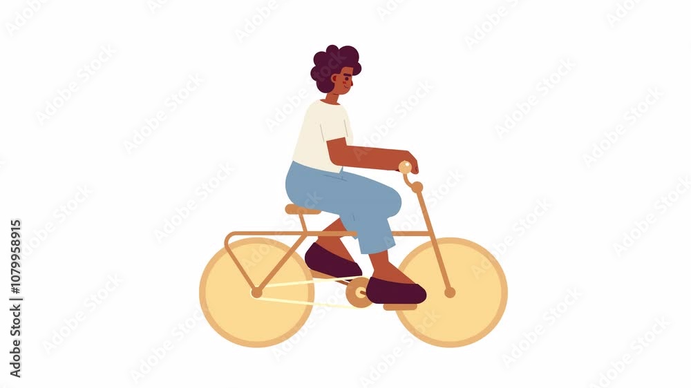 Positive african american female riding bike 2D character animation ...