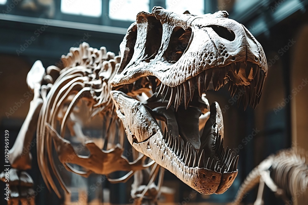 Complete dinosaur skeleton, tyrannosaurus rex, is exhibited in a museum ...
