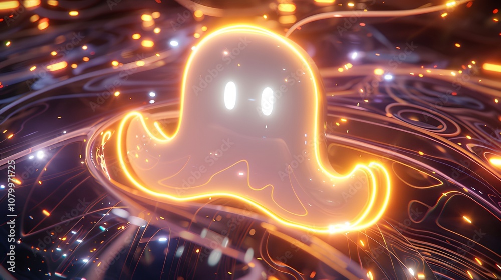 A high-res 8K 3D Snapchat ghost icon with golden neon outlines and ...