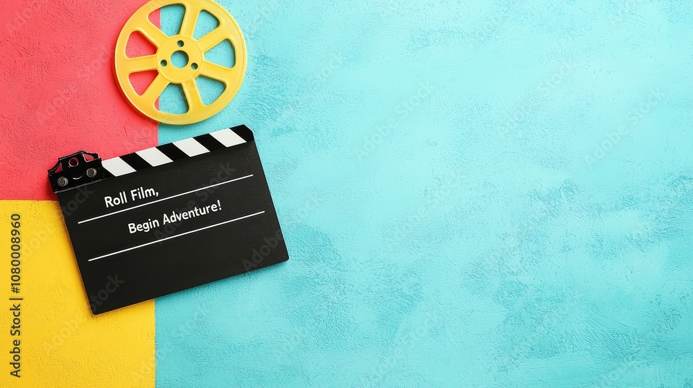 Stylish movie poster featuring clapperboard, film reel, and "Roll Film ...