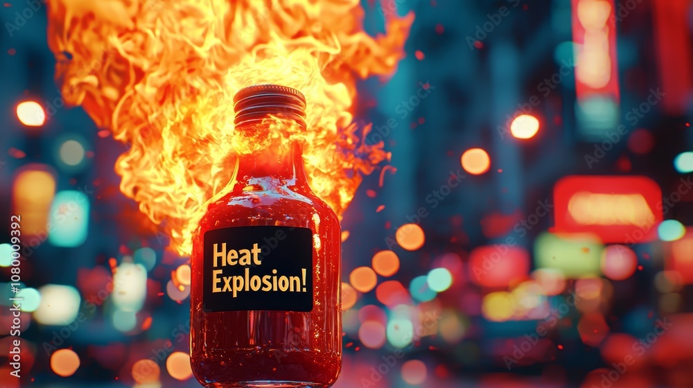 Fiery hot sauce bottle eruption with "Heat Explosion!" caption on ...