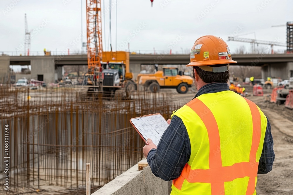 A structural engineer at a construction site inspecting and reviewing ...