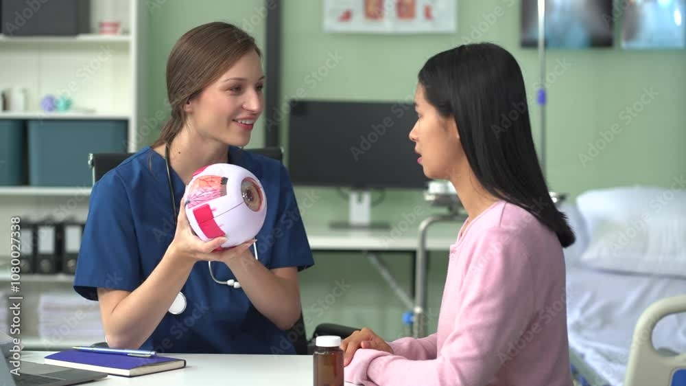 Female doctor explains to the patient the patient's work process ...