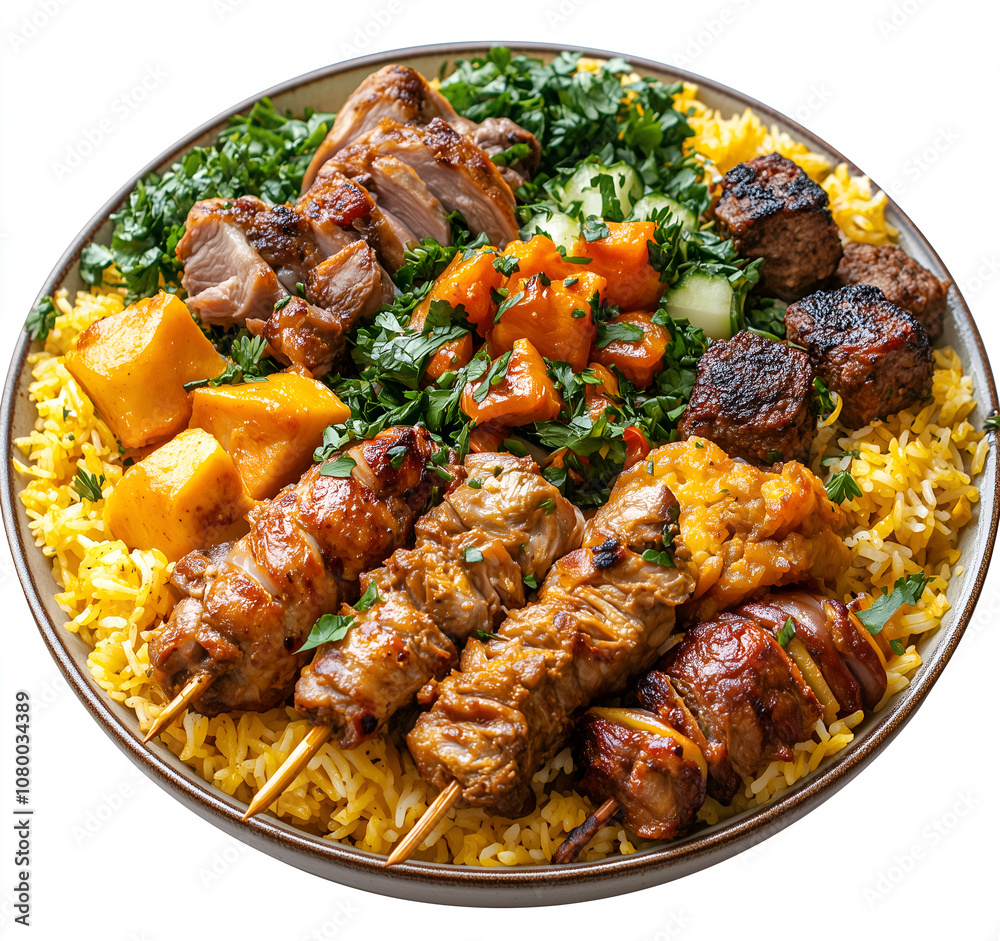 round bowl of Saudi Kabsa, featuring rice with meat and vegetables. The ...